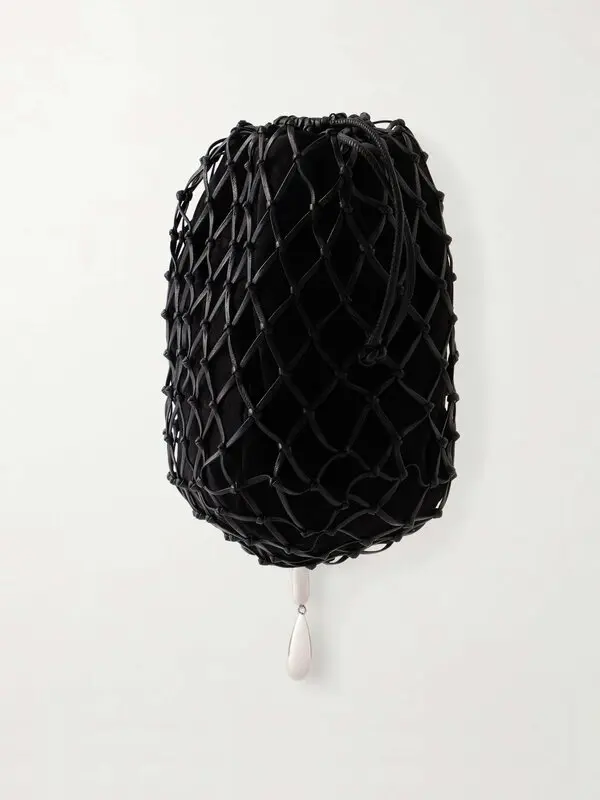 Savette Macrame Bead-embellished Suede-trimmed Leather Pouch
