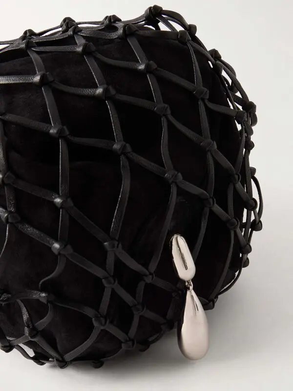 Savette Macrame Bead-embellished Suede-trimmed Leather Pouch