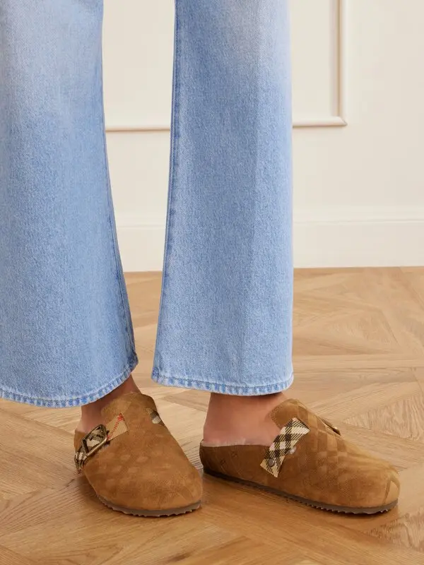Burberry Shearling-trimmed Embossed Suede Clogs - Brown