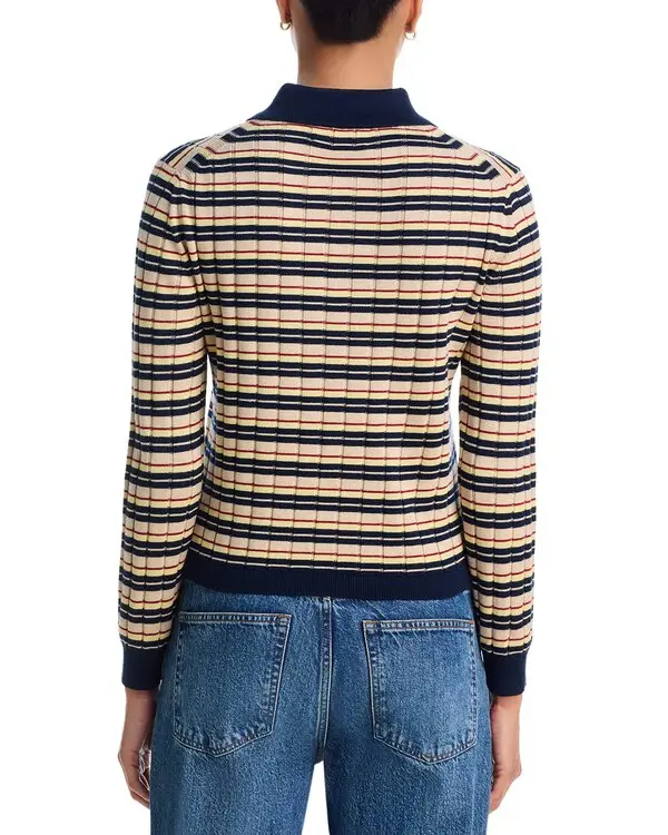 Guest In Residence Silk & Linen Striped Quarter Zip Polo Sweater