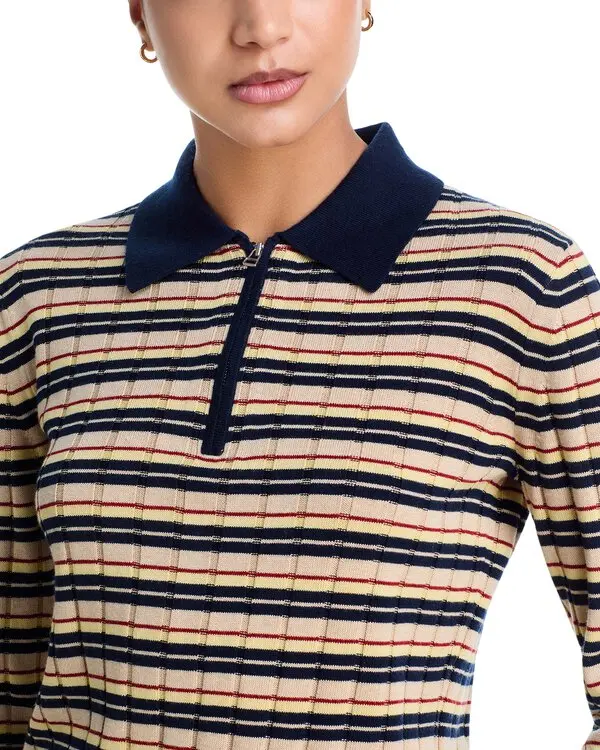 Guest In Residence Silk & Linen Striped Quarter Zip Polo Sweater