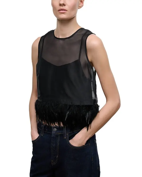 Staud Avi Feather-trimmed Top - Black