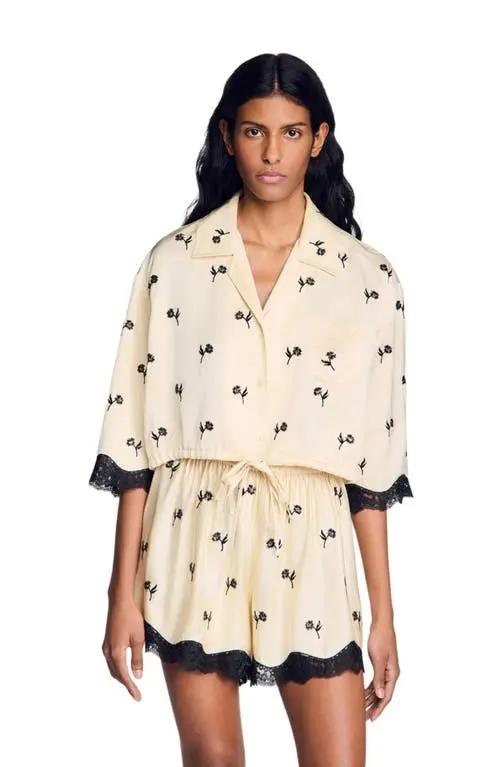 Sandro Cropped Floral Embroidered Shirt