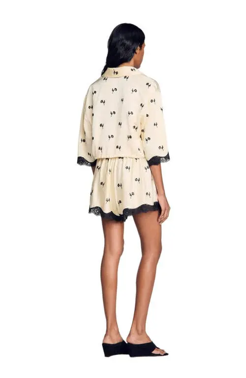 Sandro Cropped Floral Embroidered Shirt