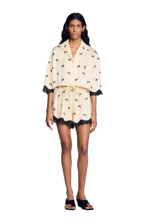 Sandro Cropped Floral Embroidered Shirt