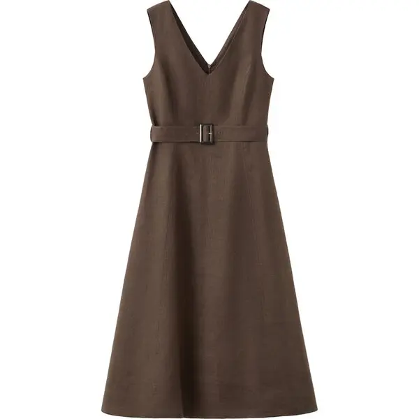 Mango Belted Linen Midi Dress - Chocolate