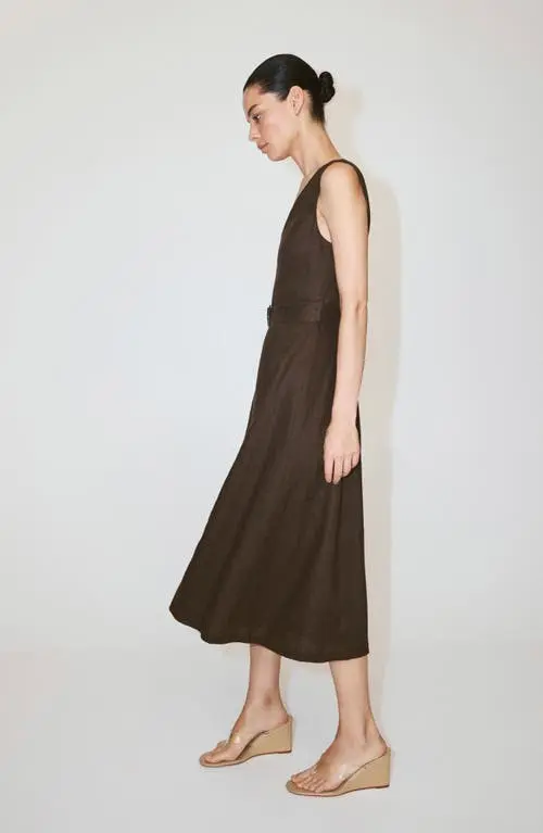 Mango Belted Linen Midi Dress - Chocolate