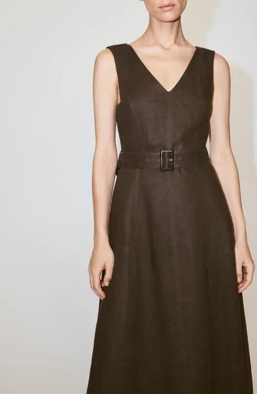 Mango Belted Linen Midi Dress - Chocolate