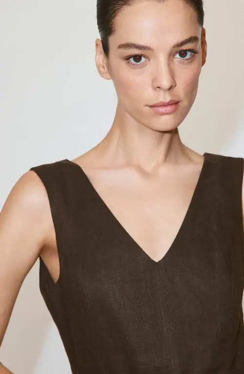 Mango Belted Linen Midi Dress - Chocolate