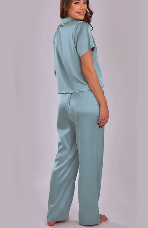 ICOLLECTION Stretch Satin Pajama Set With Button-down Top