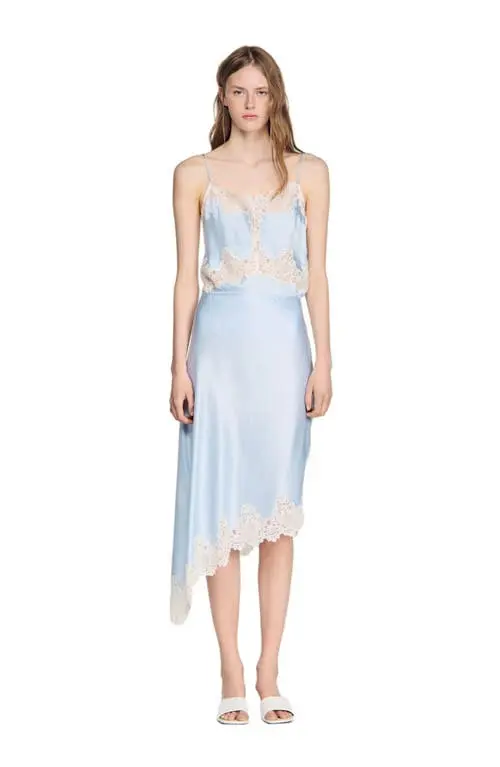 Sandro Asymmetrical Satin Skirt With Lace - Blue/ecru
