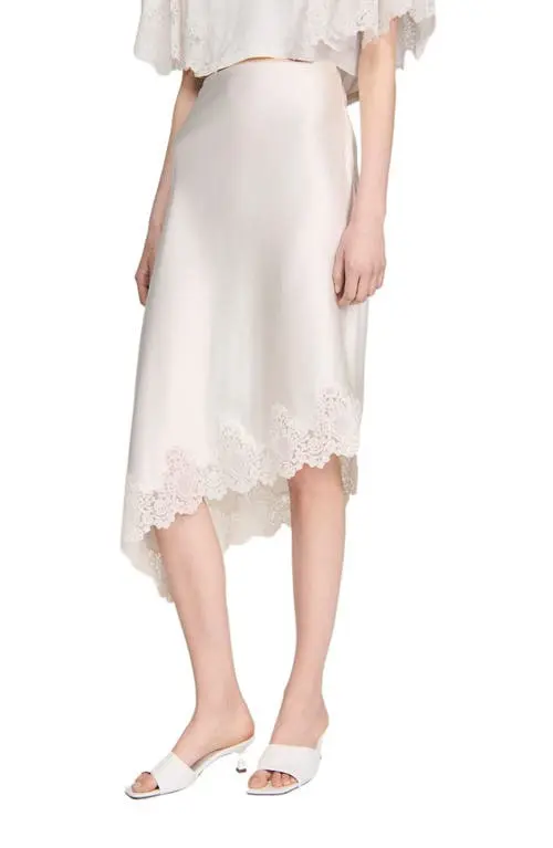 Sandro Asymmetrical Satin Skirt With Lace - Ecru