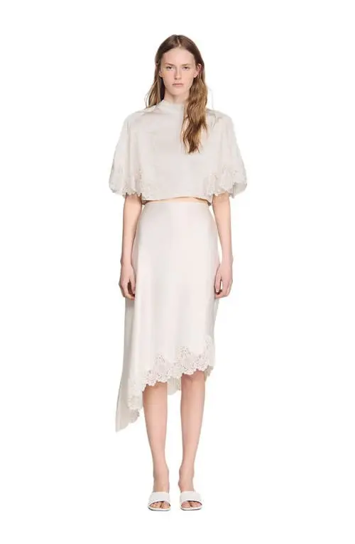 Sandro Asymmetrical Satin Skirt With Lace - Ecru