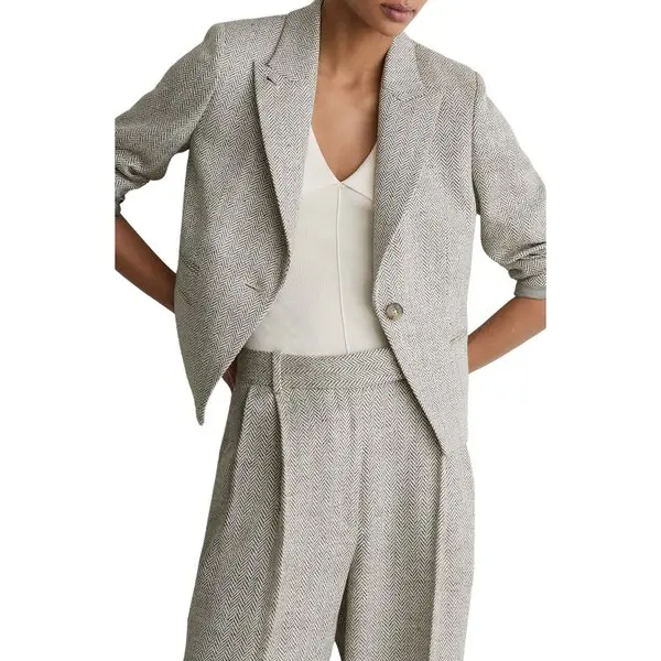 REISS Ezra Herringbone Cropped Blazer - Neutral
