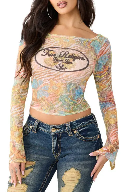 True Religion Butterfly Logo Boat Neck Lace Top - Double Cream