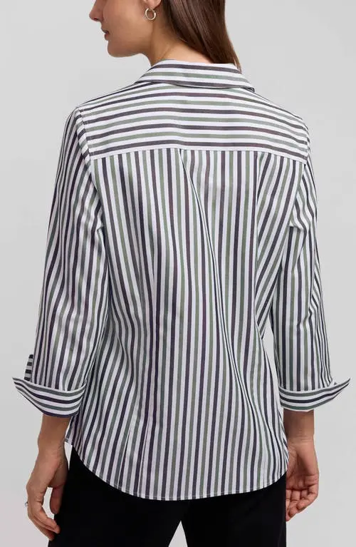 Foxcroft Taylor Stripe Cotton Button-up Shirt - Olive Green/multi