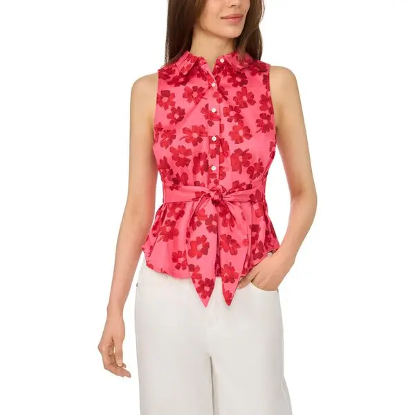 CECE DUPRAZ Floral Tie Waist Sleeveless Stretch Cotton Shirt - Classic Cherry