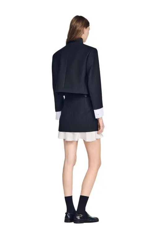 Sandro Short Striped Ruffled Skirt With Buckle Belt