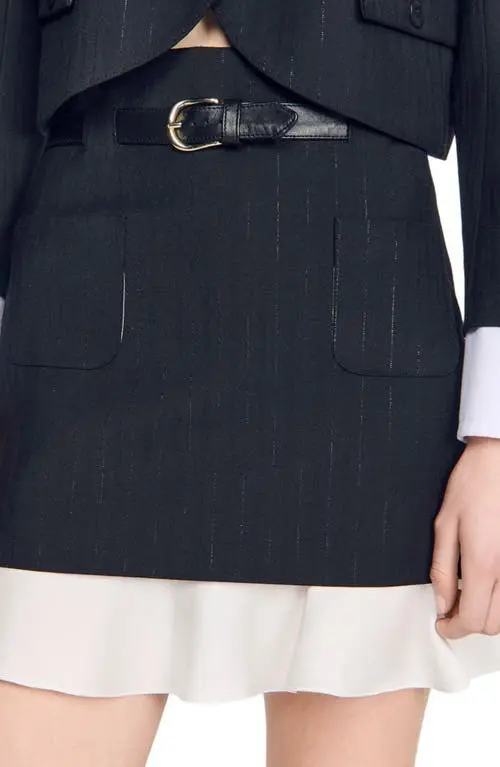 Sandro Short Striped Ruffled Skirt With Buckle Belt