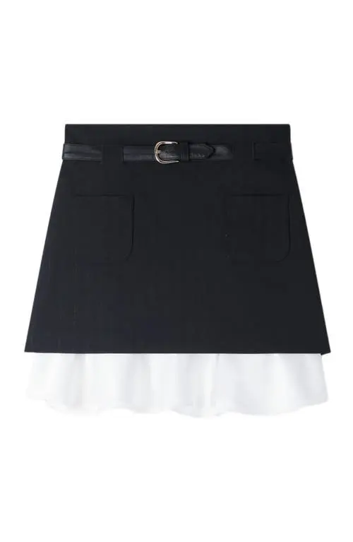 Sandro Short Striped Ruffled Skirt With Buckle Belt