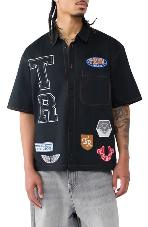 True Religion Patchwork Short Sleeve Cotton Button-up Shirt