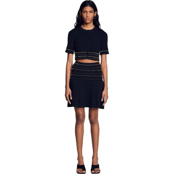 Sandro Short Knit Skirt With Tassels And Pleats - Black