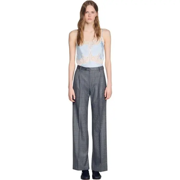 Sandro Rhinestone Check Wool Trousers - Dark Grey