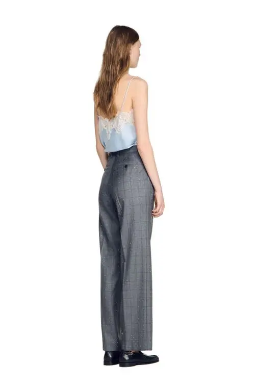 Sandro Rhinestone Check Wool Trousers