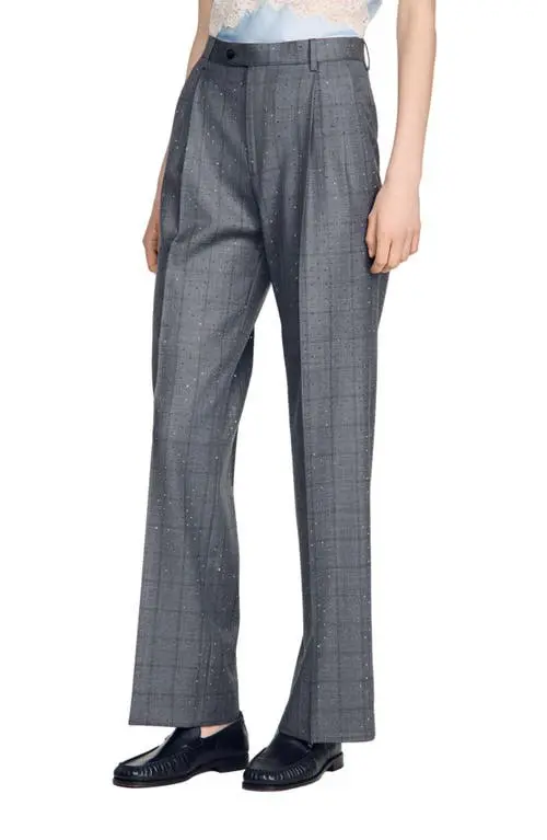 Sandro Rhinestone Check Wool Trousers