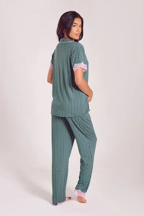 ICOLLECTION Viscose Lace-trim Pajama Set With Cropped Pants