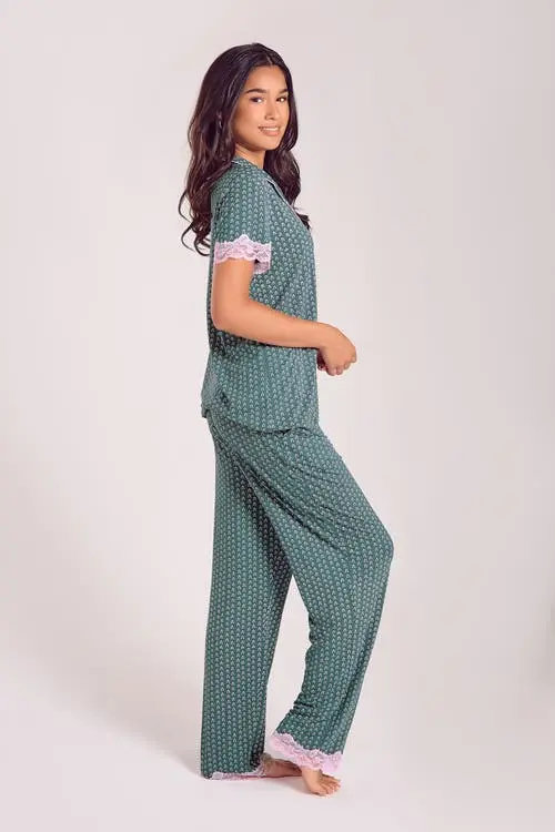 ICOLLECTION Viscose Lace-trim Pajama Set With Cropped Pants