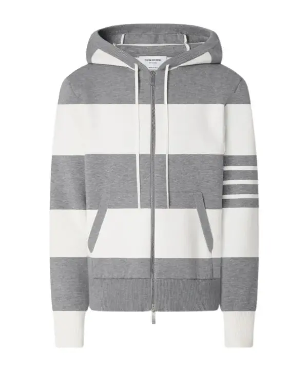 Thom Browne Hector Striped Hoodie With Drawstring And Zip Closure - Light Gray
