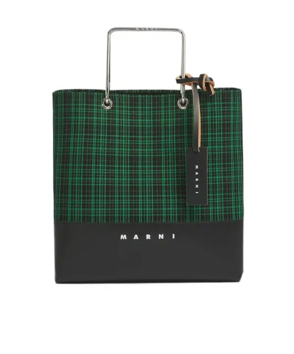 Marni Checked Twill Shopper With Metal Handles - Green