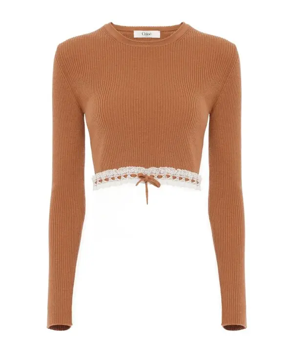 Chloé Lace-trimmed Cropped Knitted Sweater - Cognac Brown
