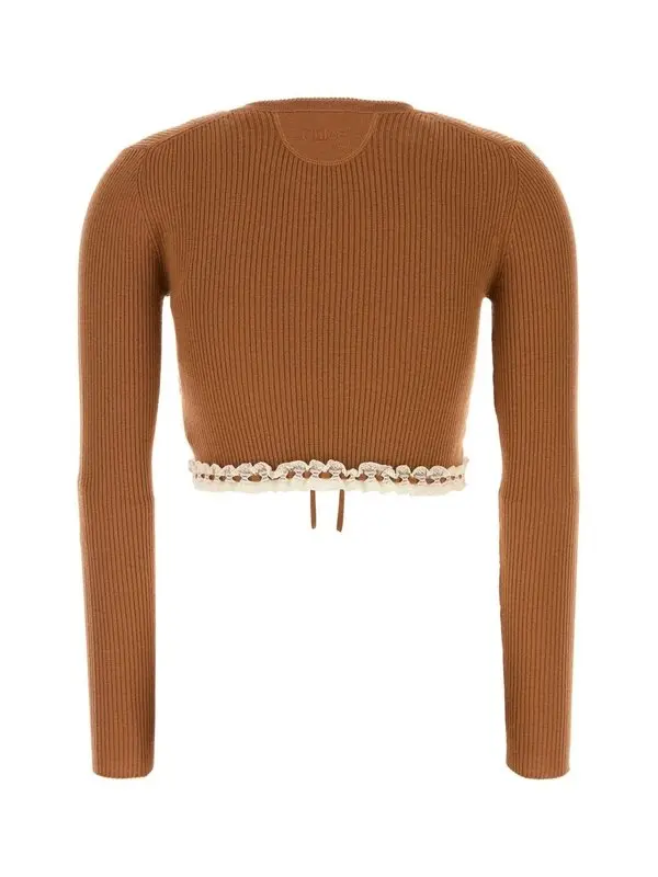 Chloé Lace-trimmed Cropped Knitted Sweater - Cognac Brown