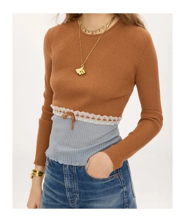 Chloé Lace-trimmed Cropped Knitted Sweater - Cognac Brown