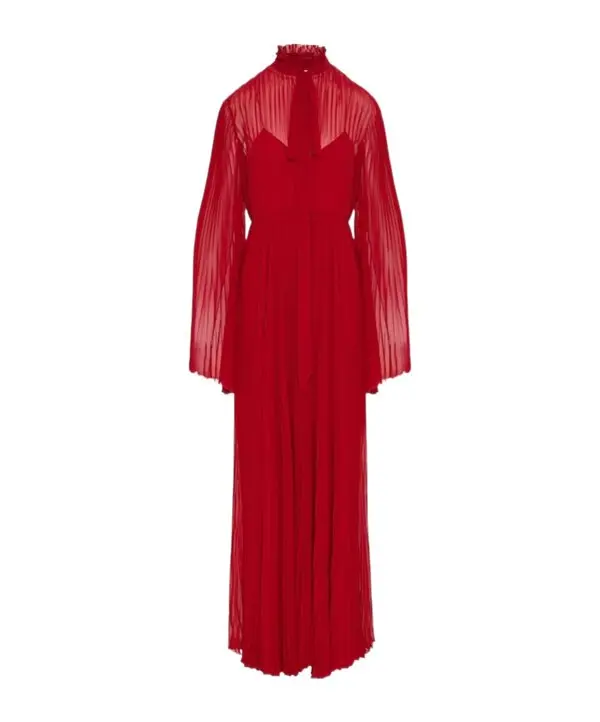 Gucci Pleated Dress With Ruffled Neckline And Sheer Sleeves - Red