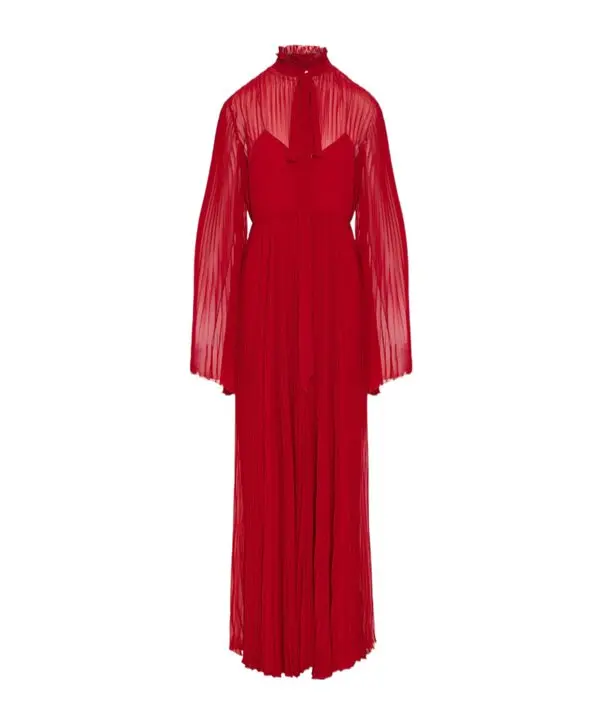 Gucci Pleated Maxi Dress With Pussy-bow And Sheer Sleeves - Red