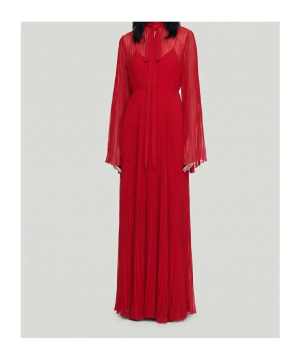 Gucci Pleated Maxi Dress With Pussy-bow And Sheer Sleeves