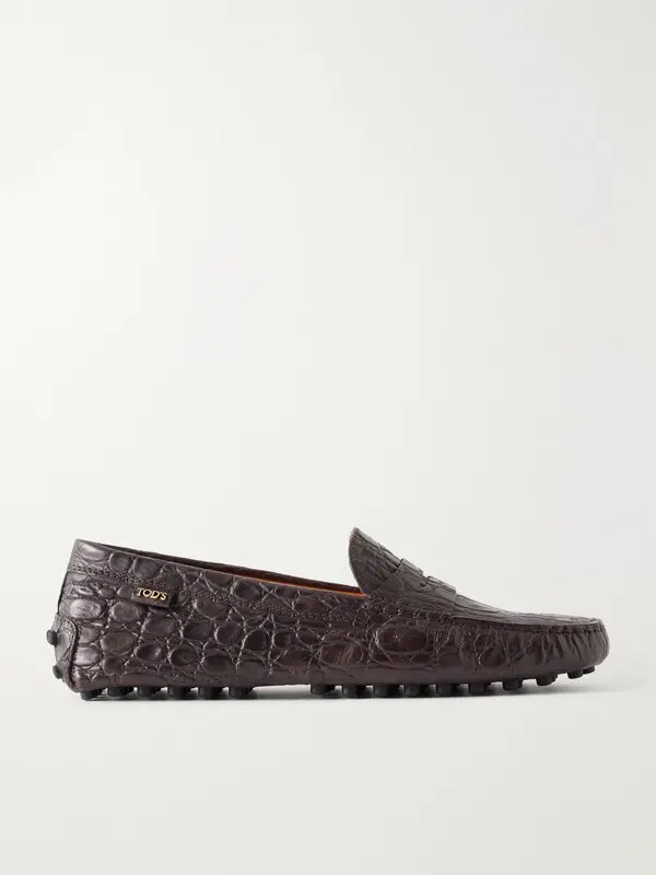 TOD'S Gommino Croc-effect Leather Loafers - Brown