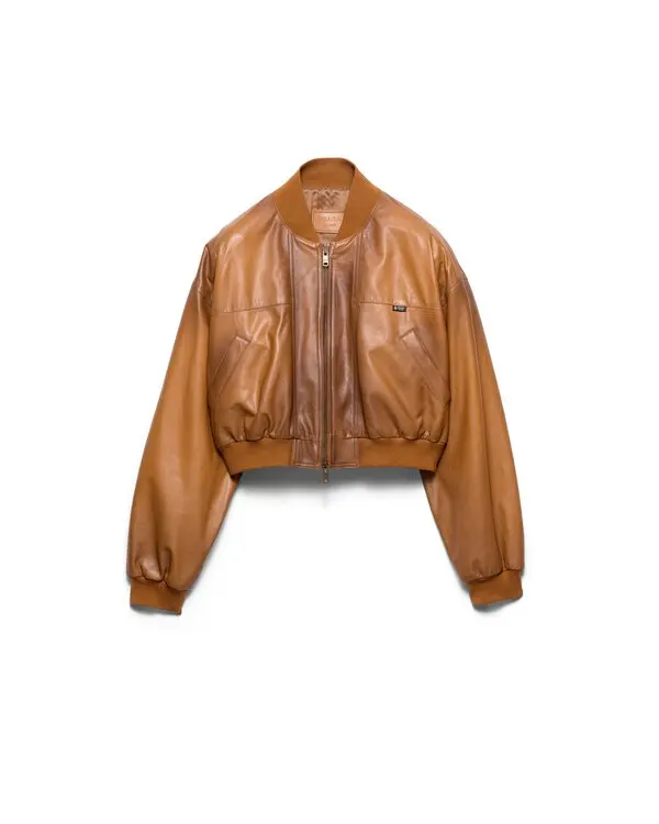 Prada Cropped Nappa Leather Bomber Jacket - Light Tan