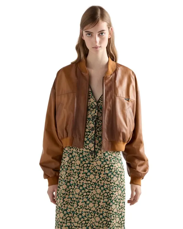 Prada Cropped Nappa Leather Bomber Jacket - Light Tan