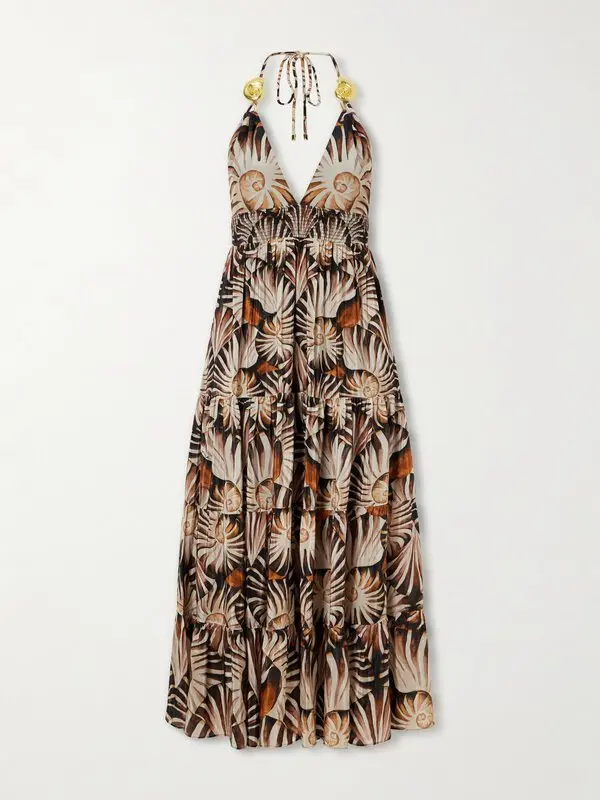 Farm Rio Embellished Printed Shirred Tiered Georgette Halterneck Midi Dress - Brown