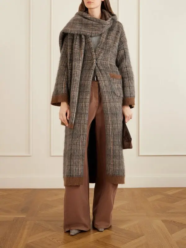 Brunello Cucinelli Belted Checked Wool-blend Coat With Integrated Scarf