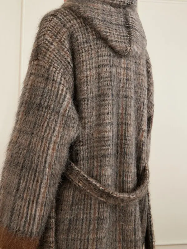 Brunello Cucinelli Belted Checked Wool-blend Coat With Integrated Scarf