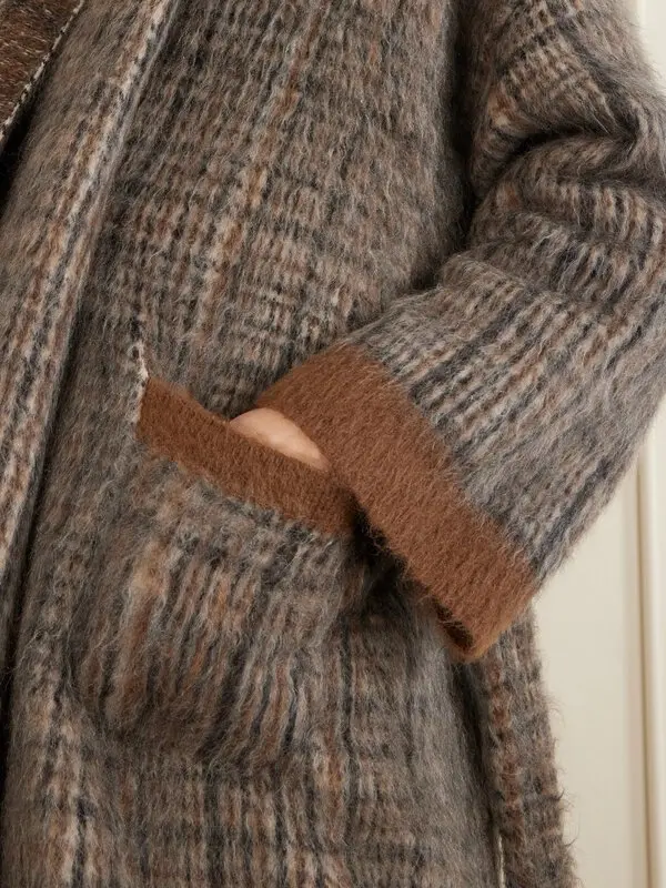 Brunello Cucinelli Belted Checked Wool-blend Coat With Integrated Scarf