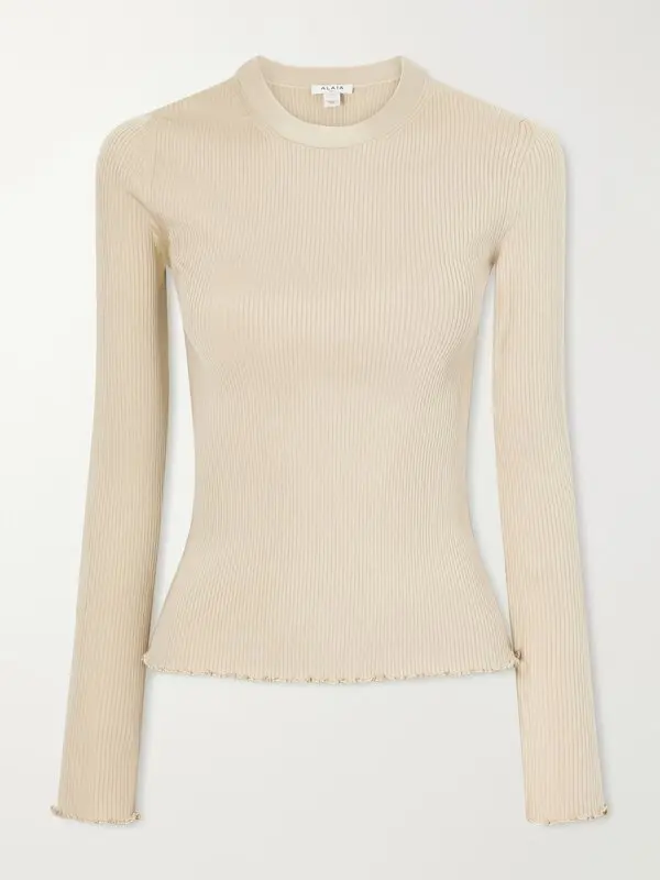 Alaïa Ribbed Silk-blend Top With Lettuce Hem