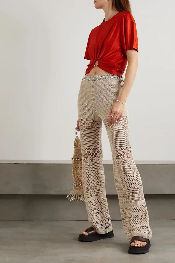 Rabanne Embellished Crocheted Cotton Flared Pants