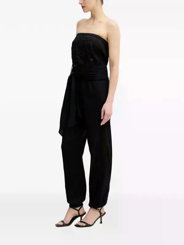 LOLA CASADEMUNT Strapless Jumpsuit With Bead Embellishments And Tied Waist - Black
