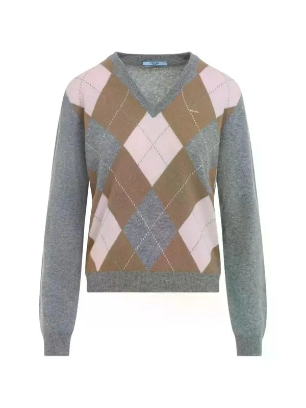 Prada Argyle Knit V-neck Sweater